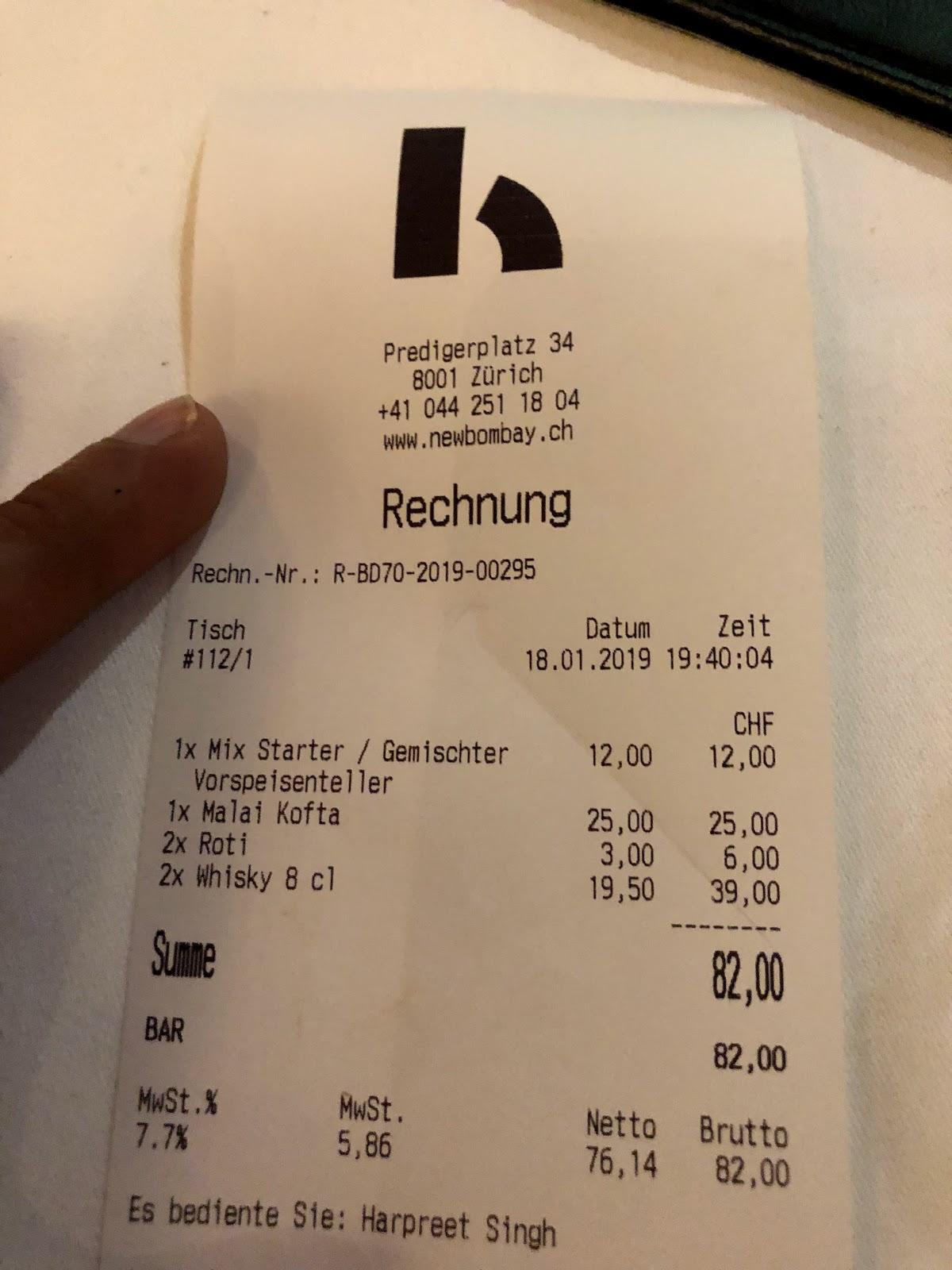 Speisekarte von New Bombay, Zürich