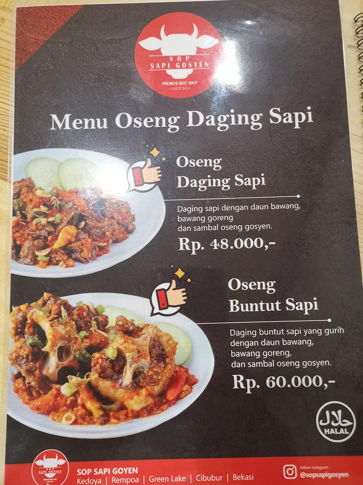Menu at Sop Sapi Gosyen Greenlake restaurant, Tangerang