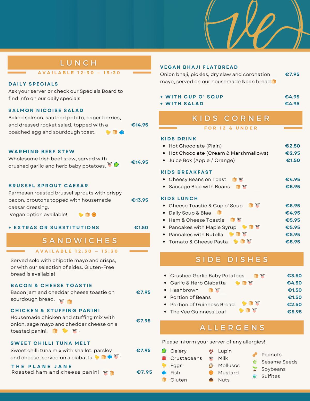 Menu at Vee Café cafe, Tramore, 1 Lower Main Street