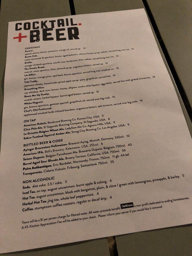 Menu at Bestia pub & bar, Los Angeles