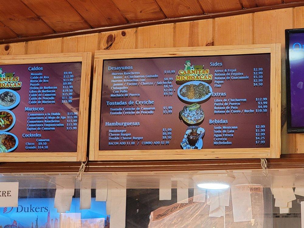 Menu at Carnitas Michoacan restaurant, Ceres