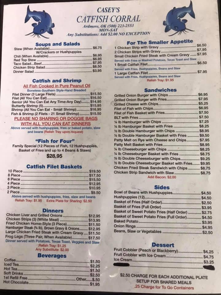 Menu at Casey's Catfish Corral restaurant, Ardmore