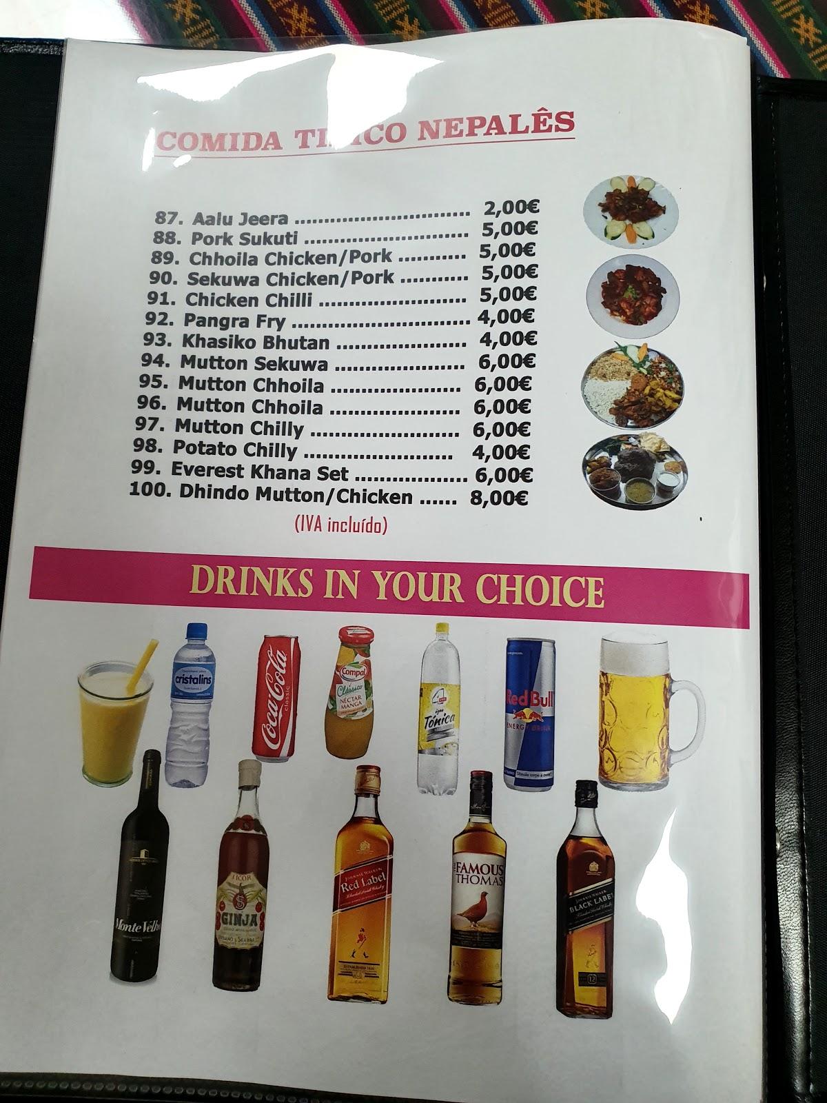 Menu at Everest Nepal restaurant, Lisbon