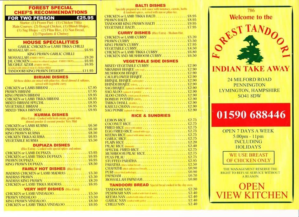 Menu at Forest Tandoori fast food, Lymington