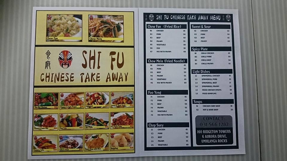 Menu at Shi fu restaurant & takeaway, Durban
