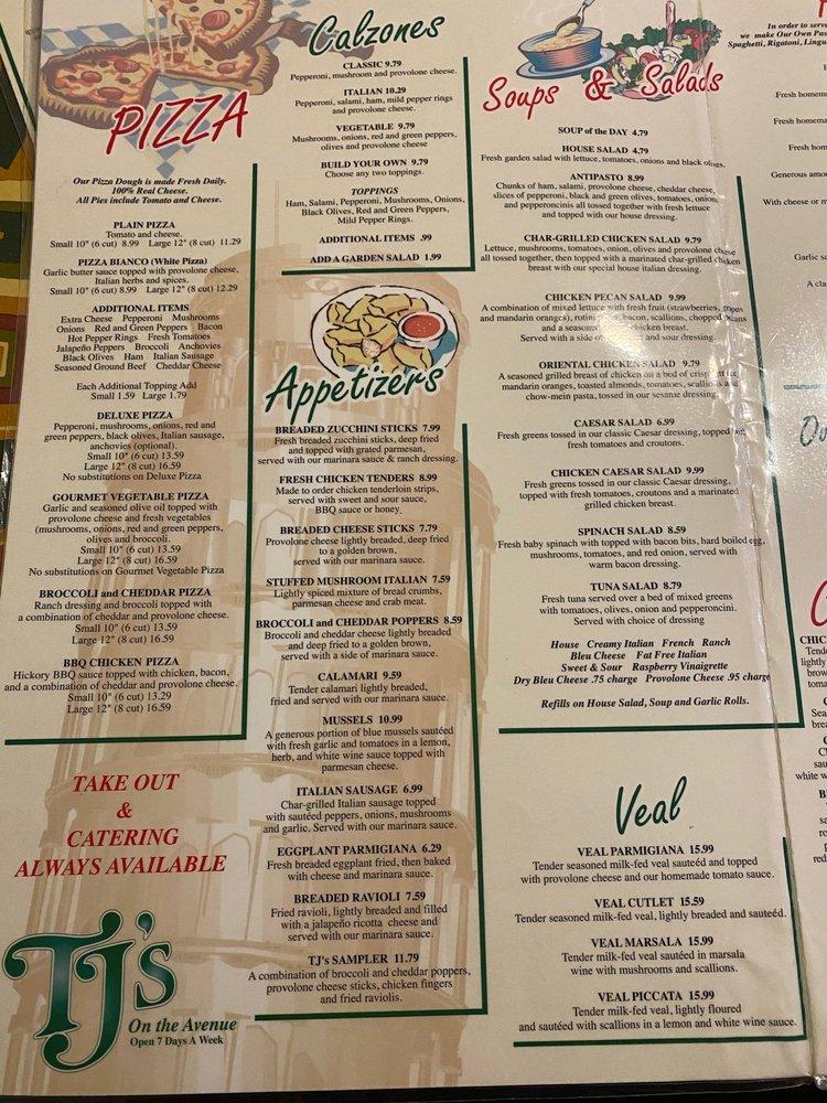 Menu at TJ's On The Avenue restaurant, Mentor