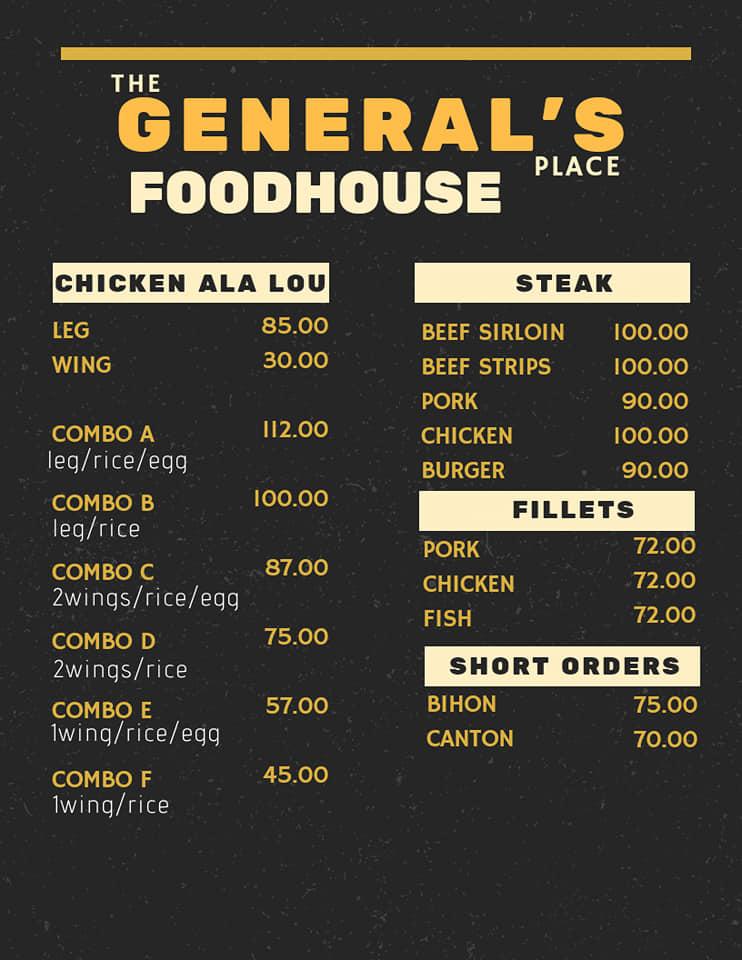 Menu at The General's Place restaurant, Malabon