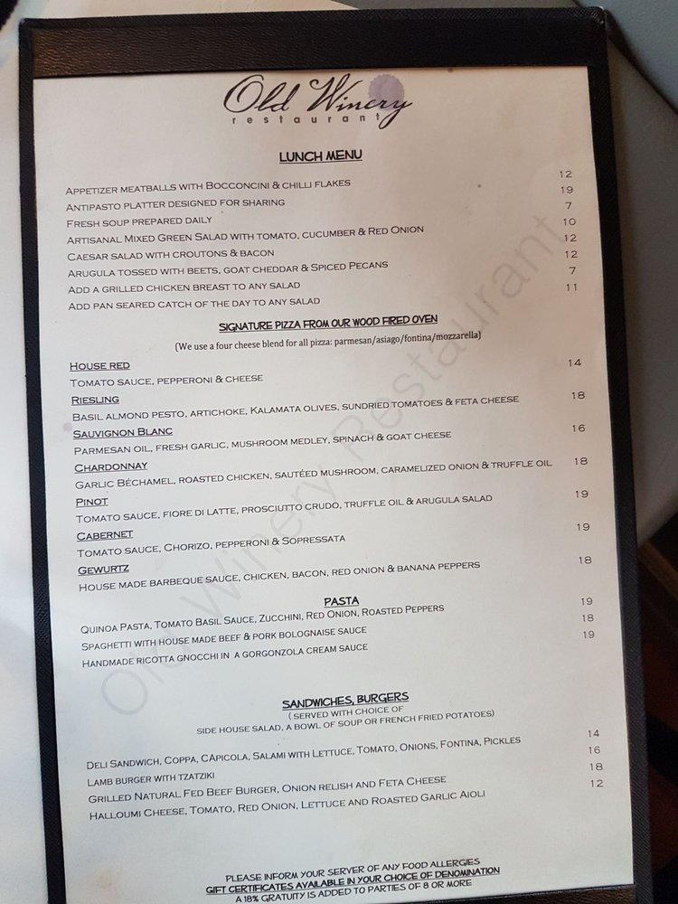 Menu at The Old Winery Restaurant & Wine Bar, Niagara-on-the-Lake