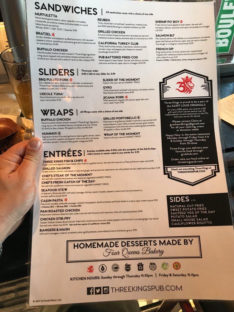 Menu at Three Kings Public House, St. Louis, 40 Ronnie's Plaza