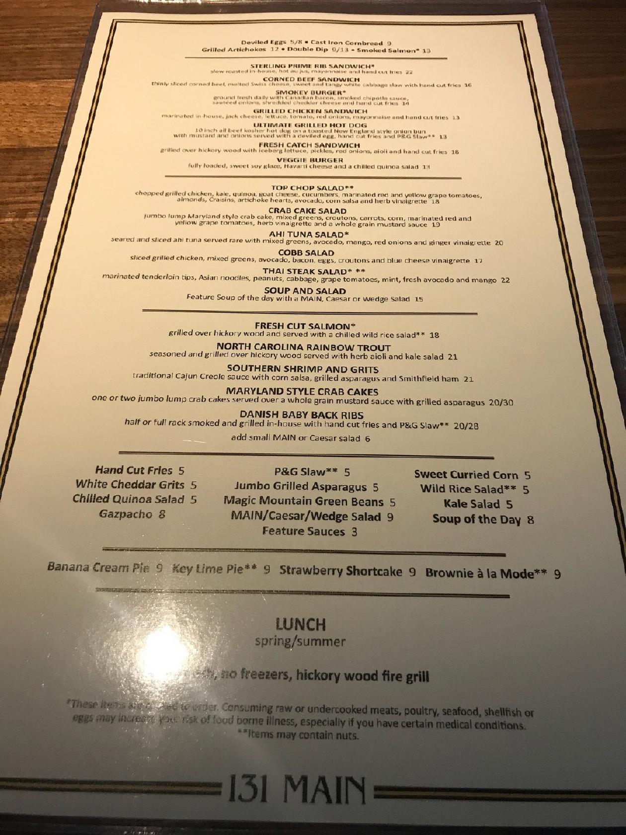 Menu at 131 MAIN Restaurant, Charlotte, Fairview Rd #100