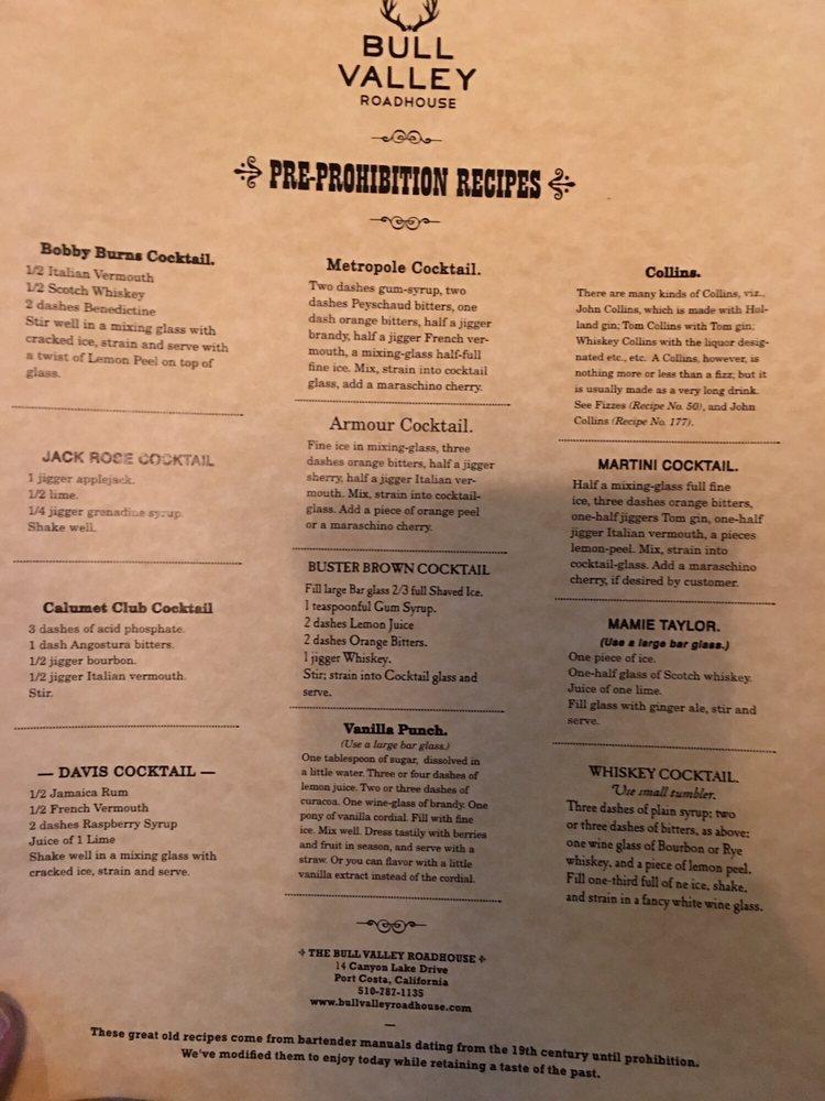 Menu at Bull Valley Roadhouse pub & bar, Port Costa