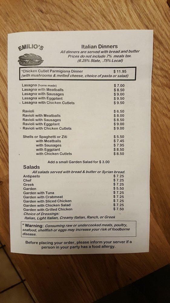 Menu at Emilio's Homemade Italian Subs restaurant, Watertown, 6 Bigelow Ave