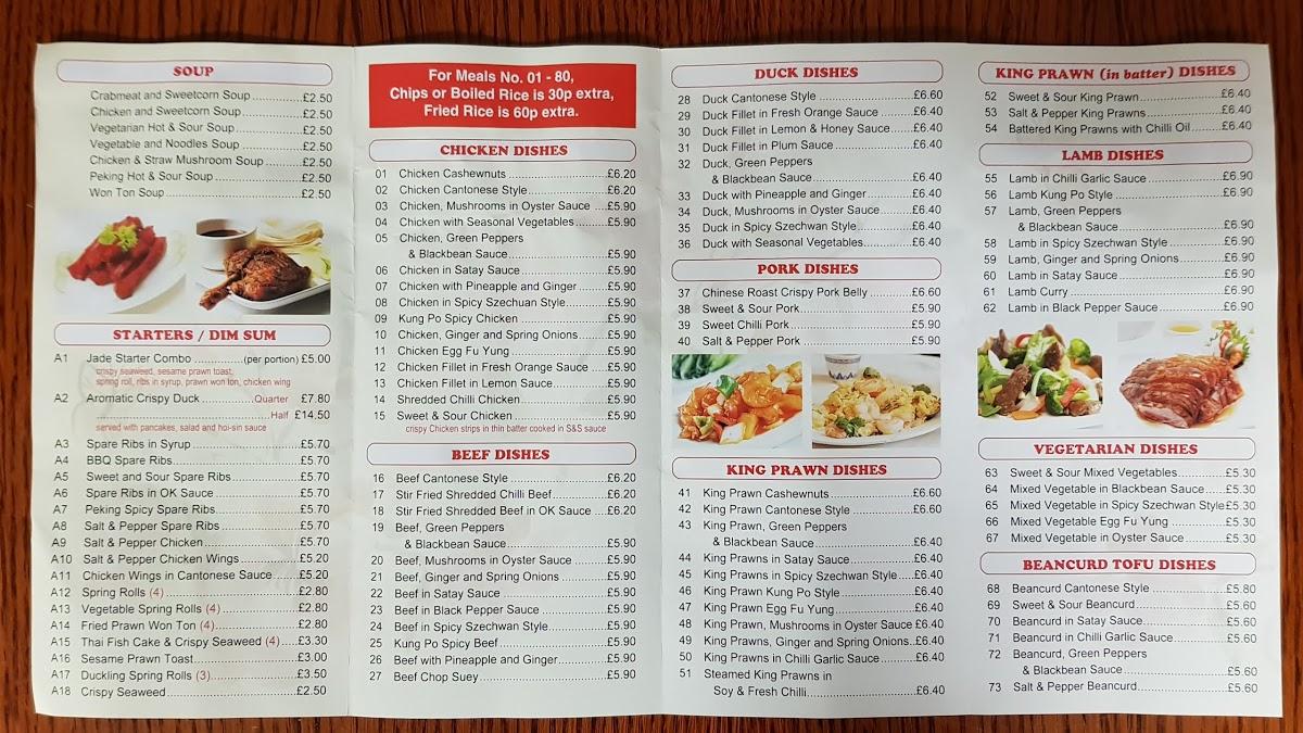 Carta de comida rápida Jade 2 Chinese Takeaway, Llanrwst