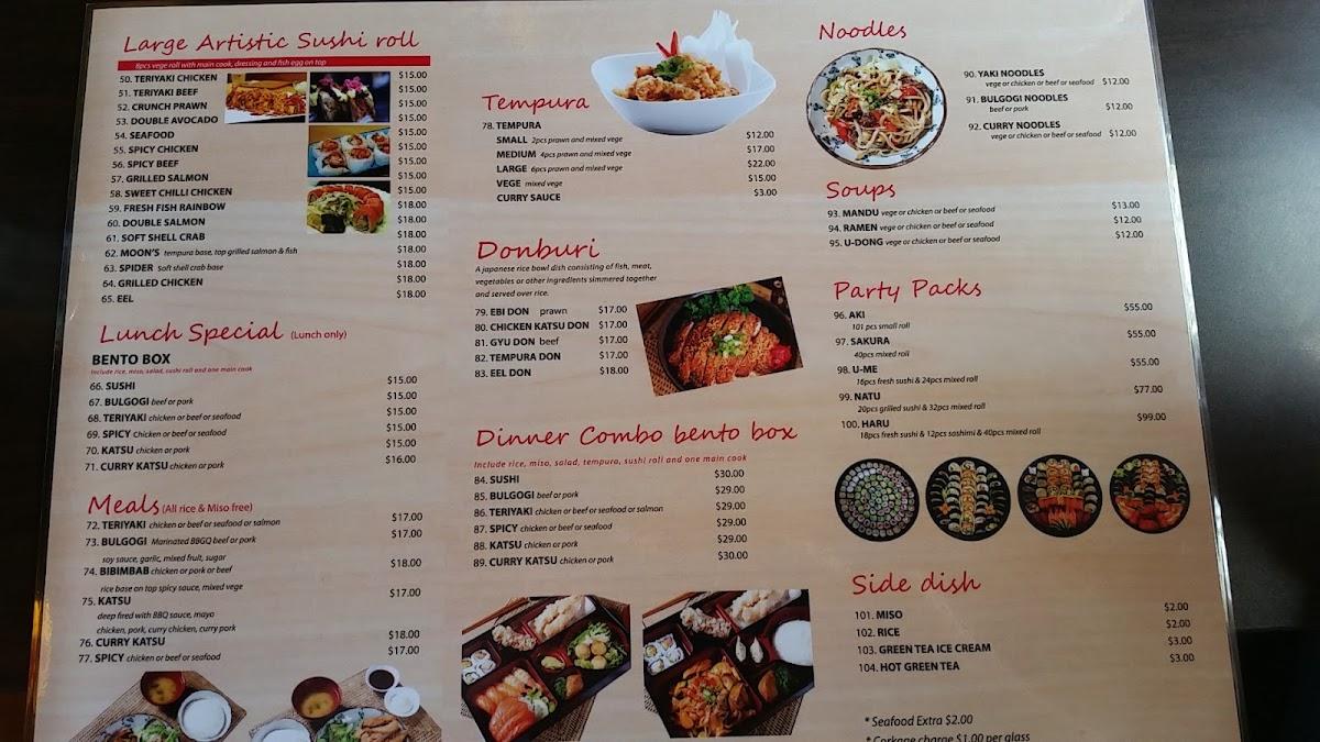 Menu at Moon Sushi restaurant, Woonona