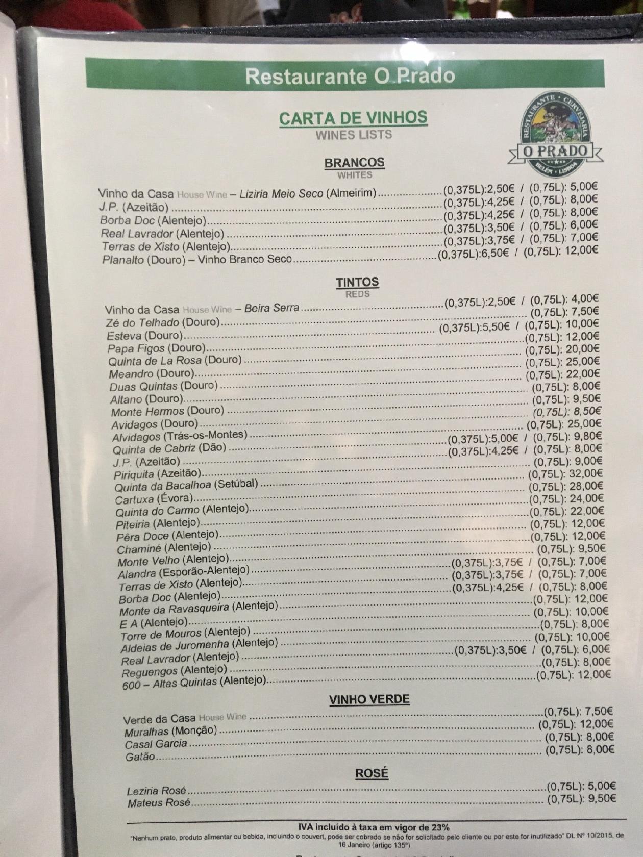 Menu em O Prado restaurante, Lisboa