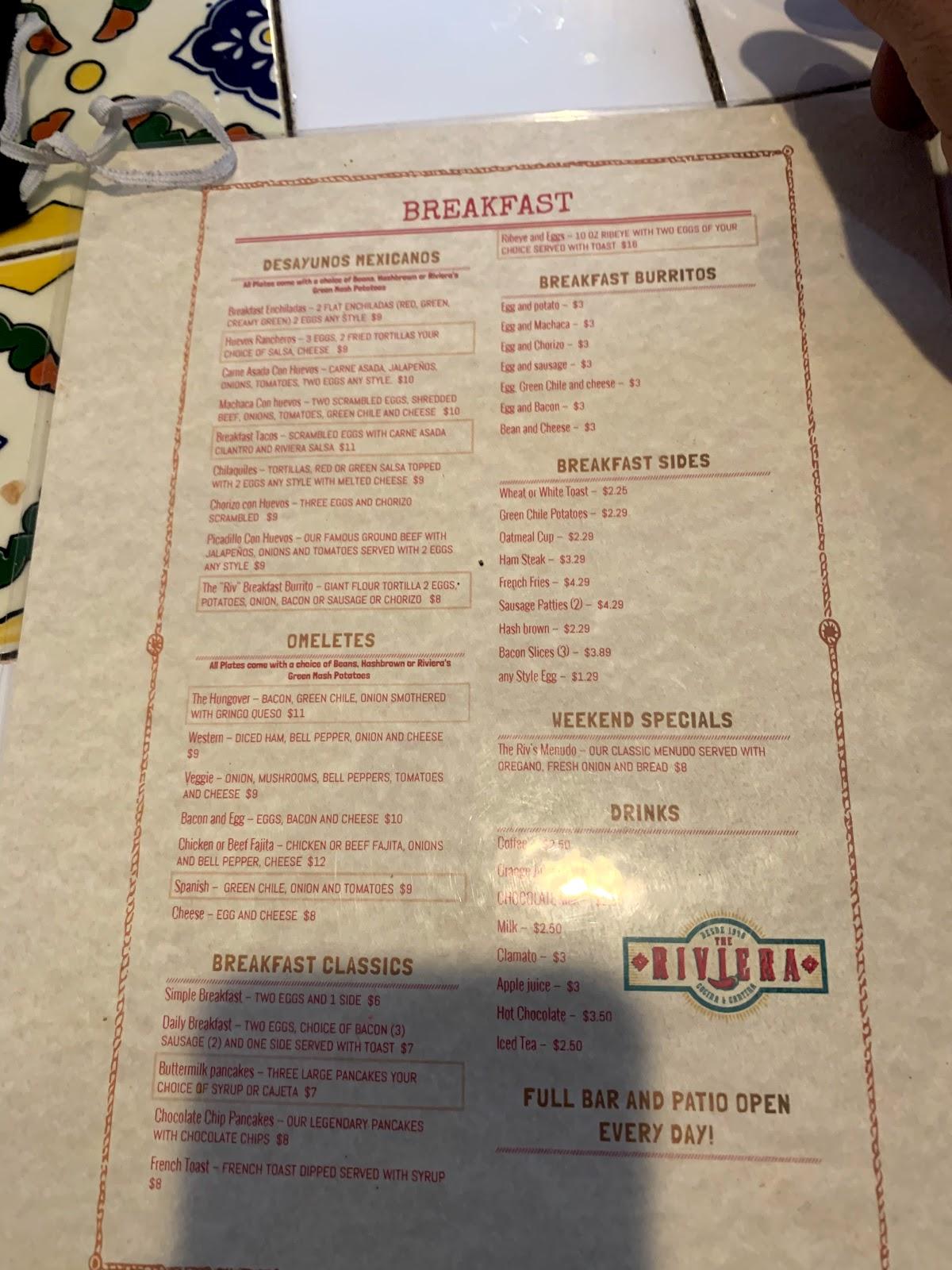 Menu at The Riviera Cocina & Cantina pub & bar, El Paso