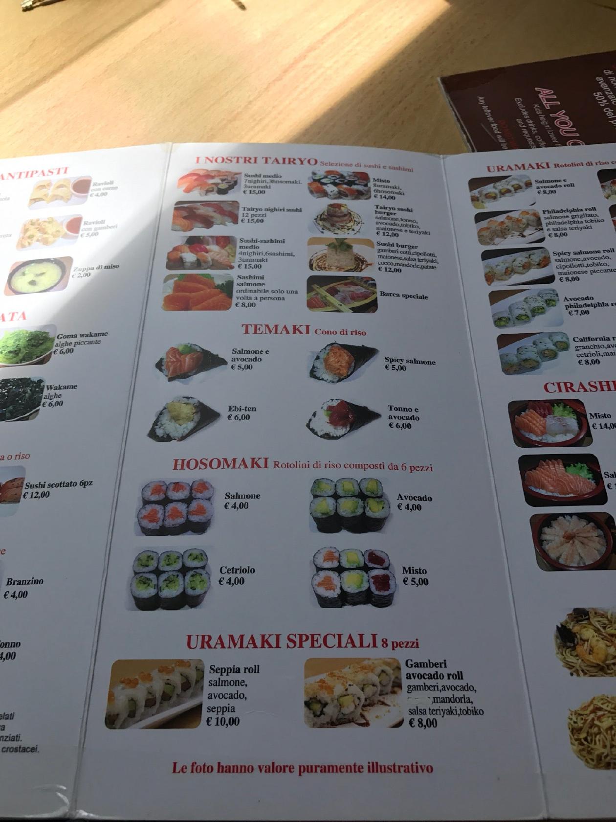 Menu da Tairyo ristorante, Milano