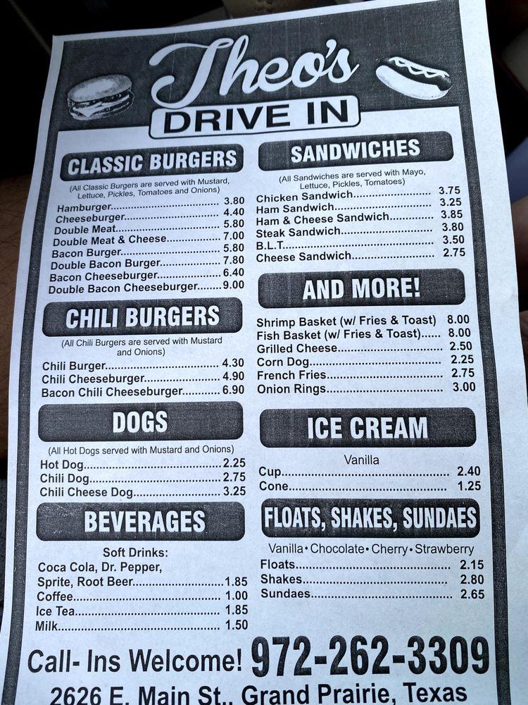Menu at Theo's Drive-In fast food, Grand Prairie