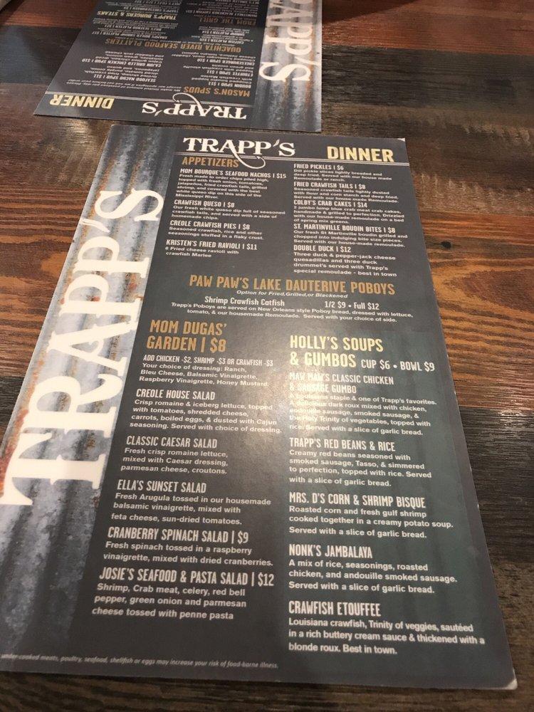 Menu at Trapp's restaurant, West Monroe