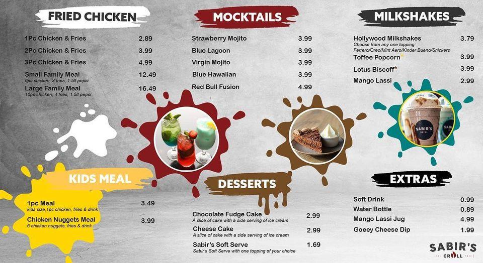 Menu at Sabirs fast food, Rotherham, 36 Westgate