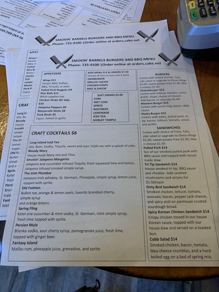 Menu at Smokin barrels burgers & bbq, Fortuna