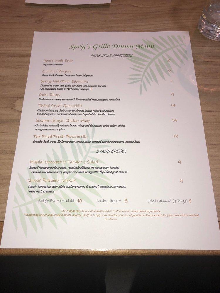Menu at Sprigs Grille Restaurant, Kapolei