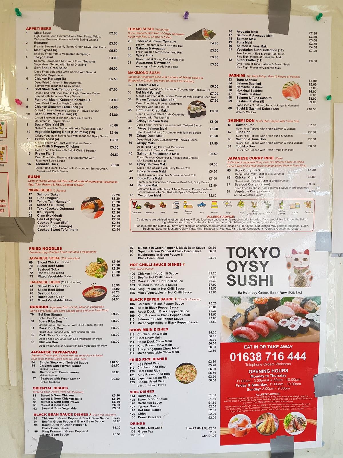 Menu at Tokyo Oysy Sushi restaurant, Beck Row