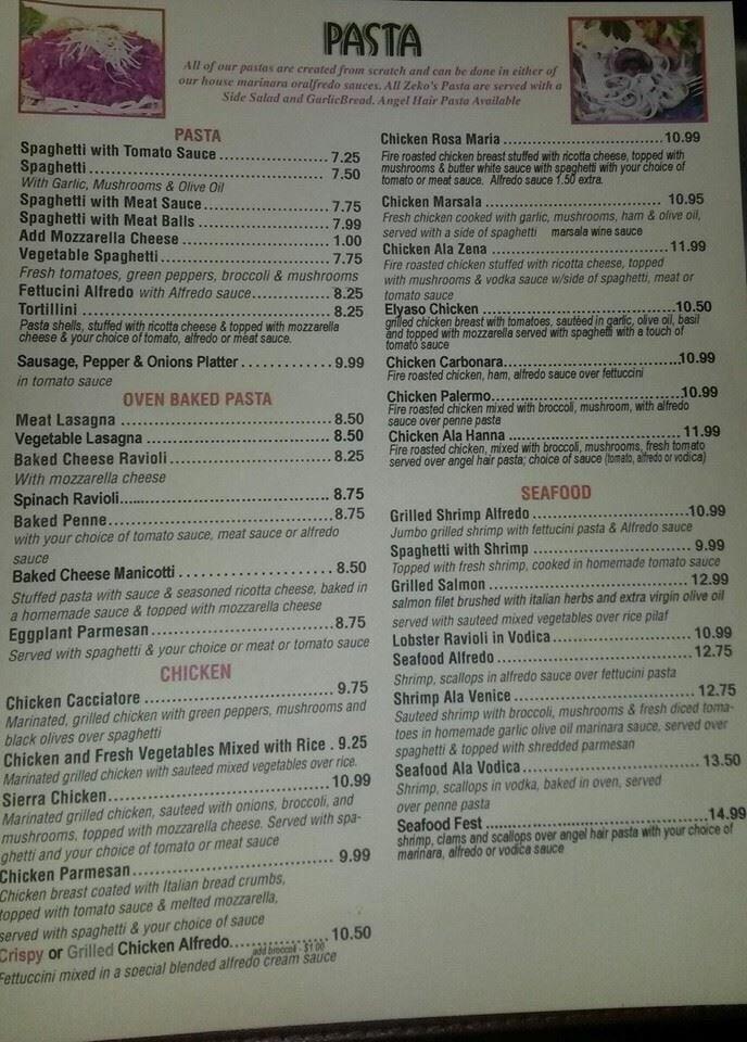 Menu at Zeko's Village restaurant, Morganton, Burkemont Ave C