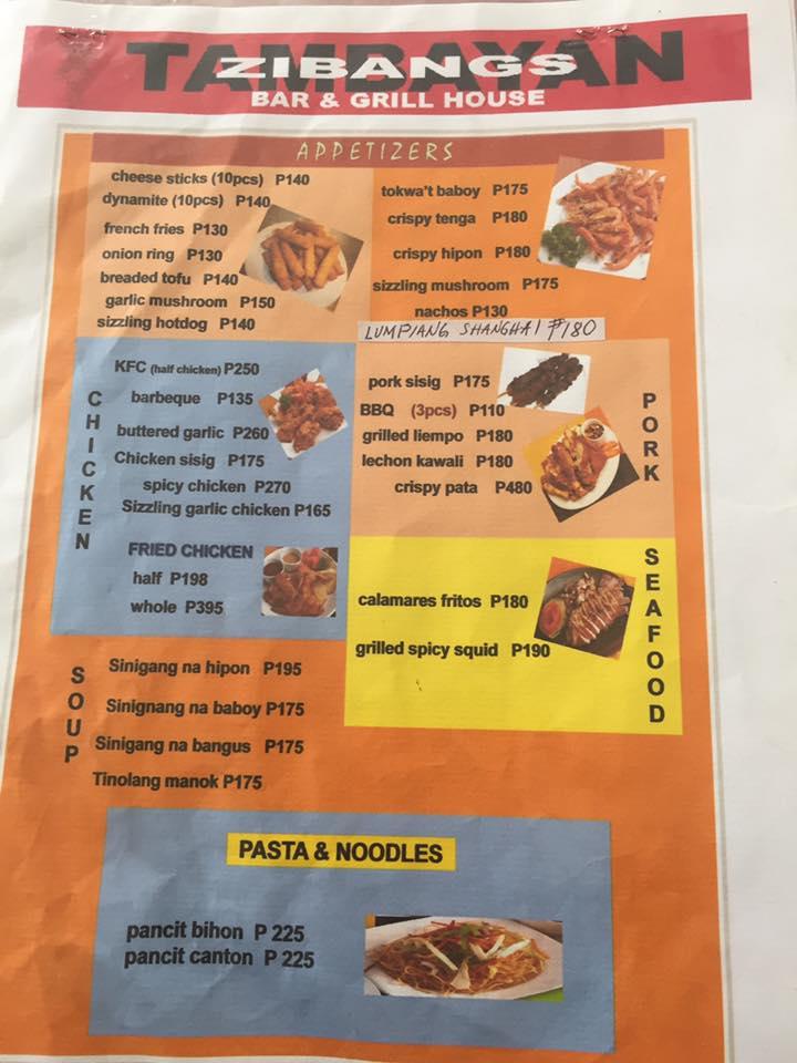 Menu at Zibangs Tambayan pub & bar, Makati