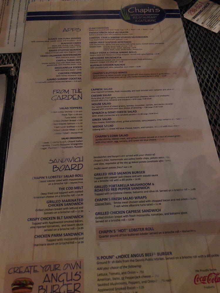 Carta del restaurante Chapin's Bayside, Dennis