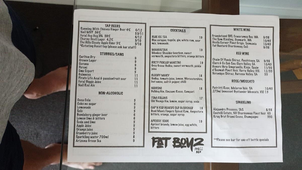Menu at Fat Boyz Small Bar, West Perth