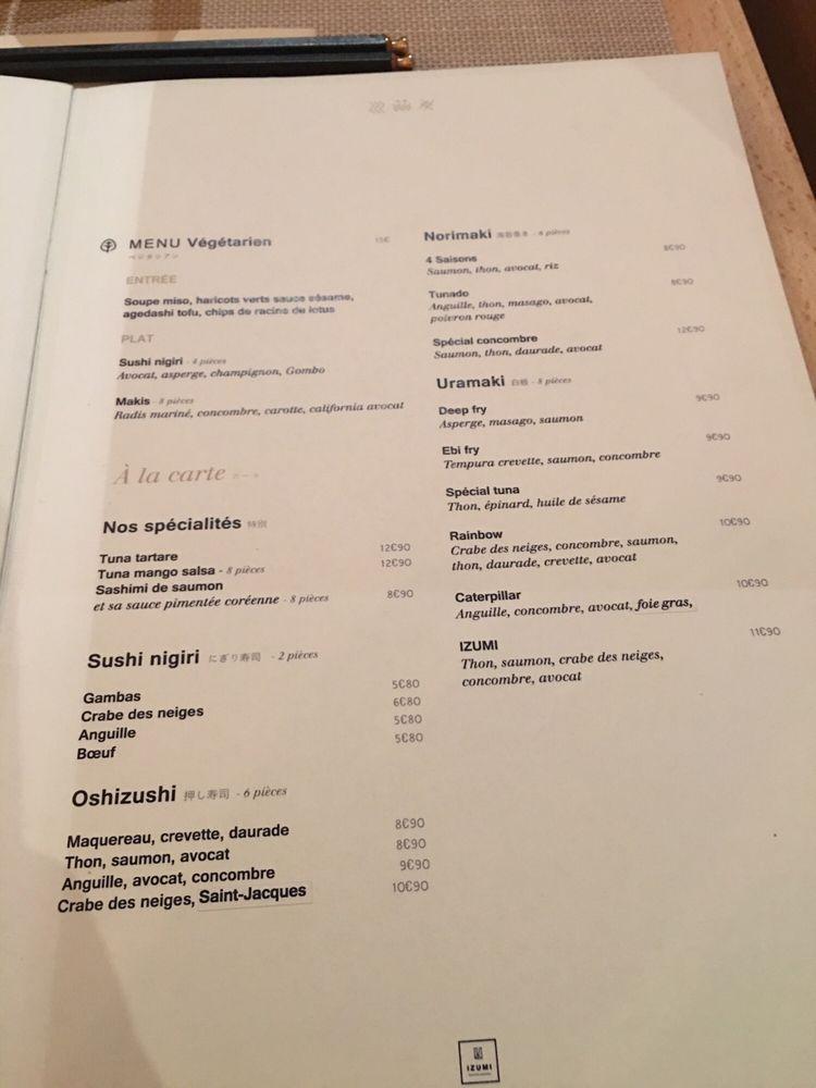 Menu au Izumi restaurant, Lille