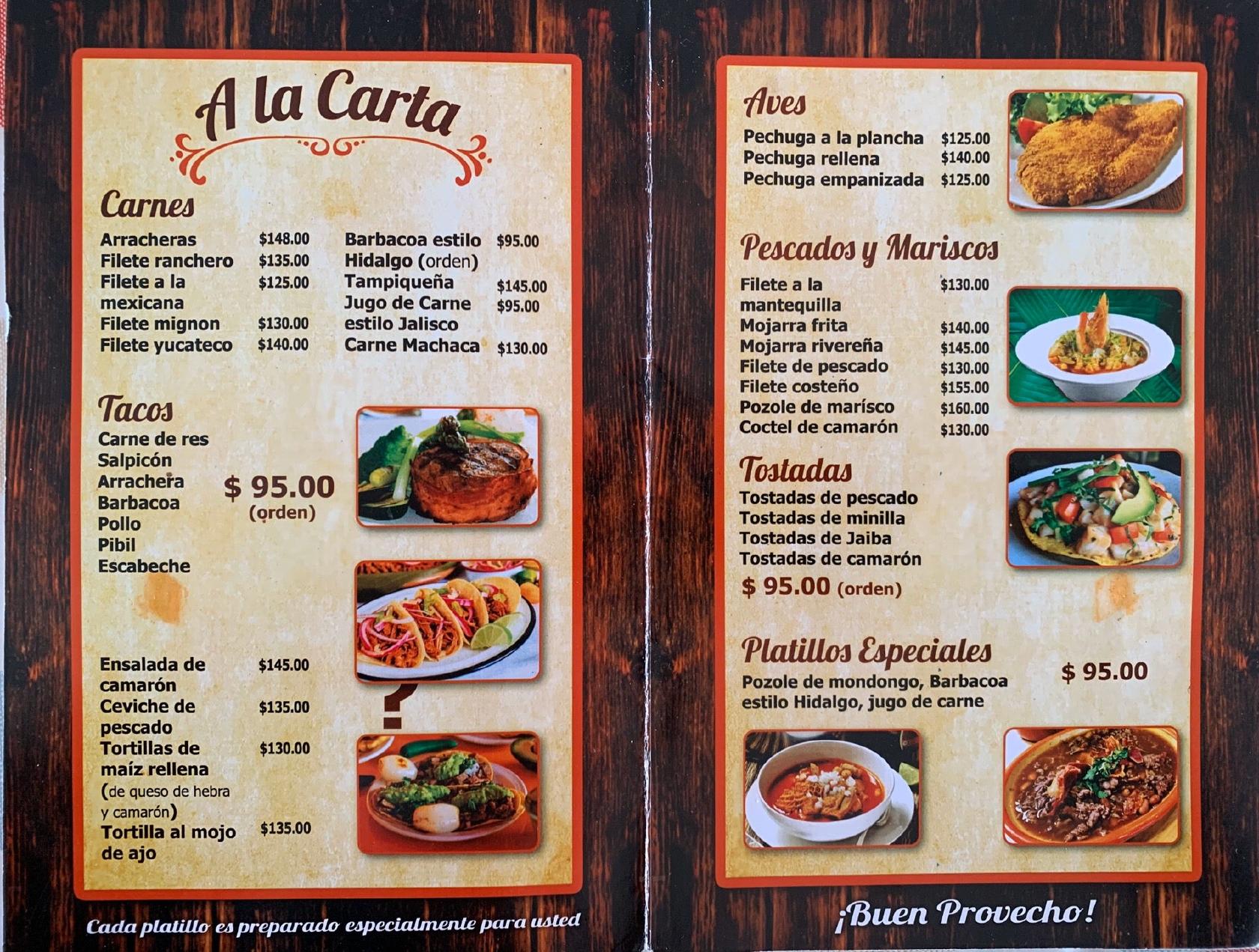 Carta del restaurante La Ramada, Heroica Cárdenas