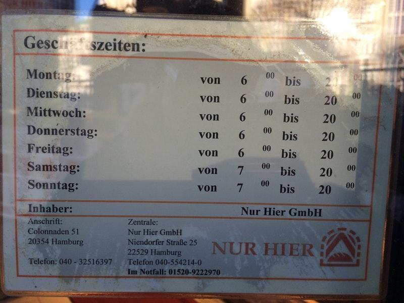 Menu at Nur Hier GmbH, Hamburg, Grindelhof 64