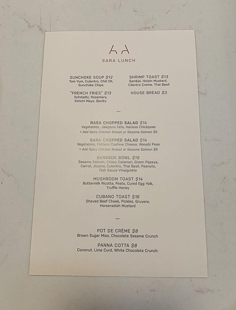 Menu at SARA restaurant, Toronto