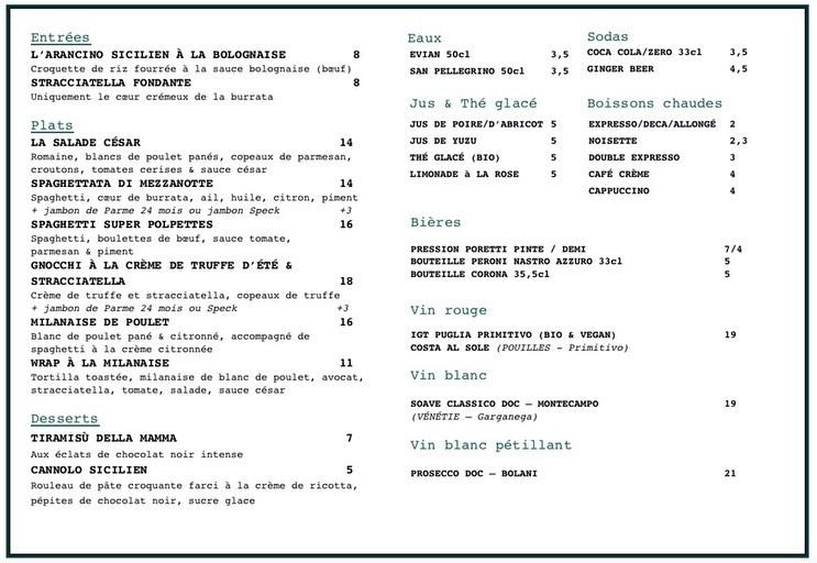 Menu at Supernova restaurant, Paris
