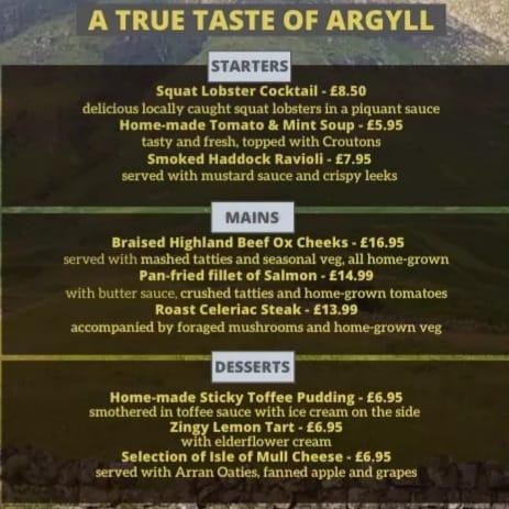 Menu at Taste of Argyll Kitchen restaurant, Oban