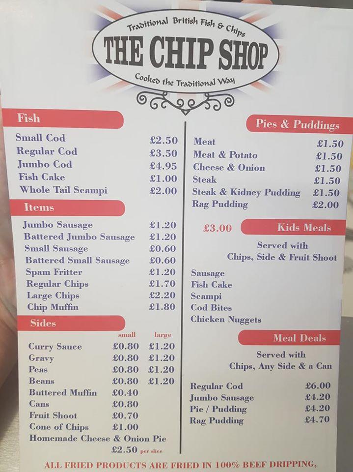 Menu at The Greek Chippy restaurant, Stalybridge