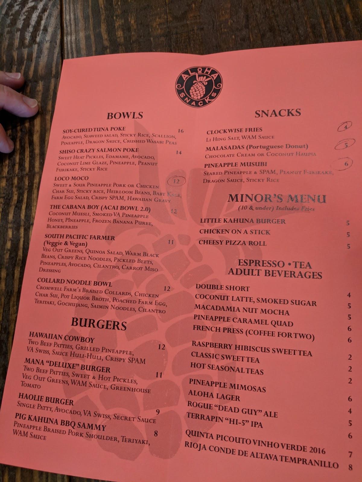 Menu at Aloha Snacks restaurant, Virginia Beach