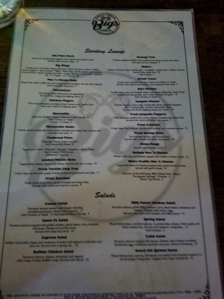 Menu at BIGS Fullerton pub & bar, Fullerton