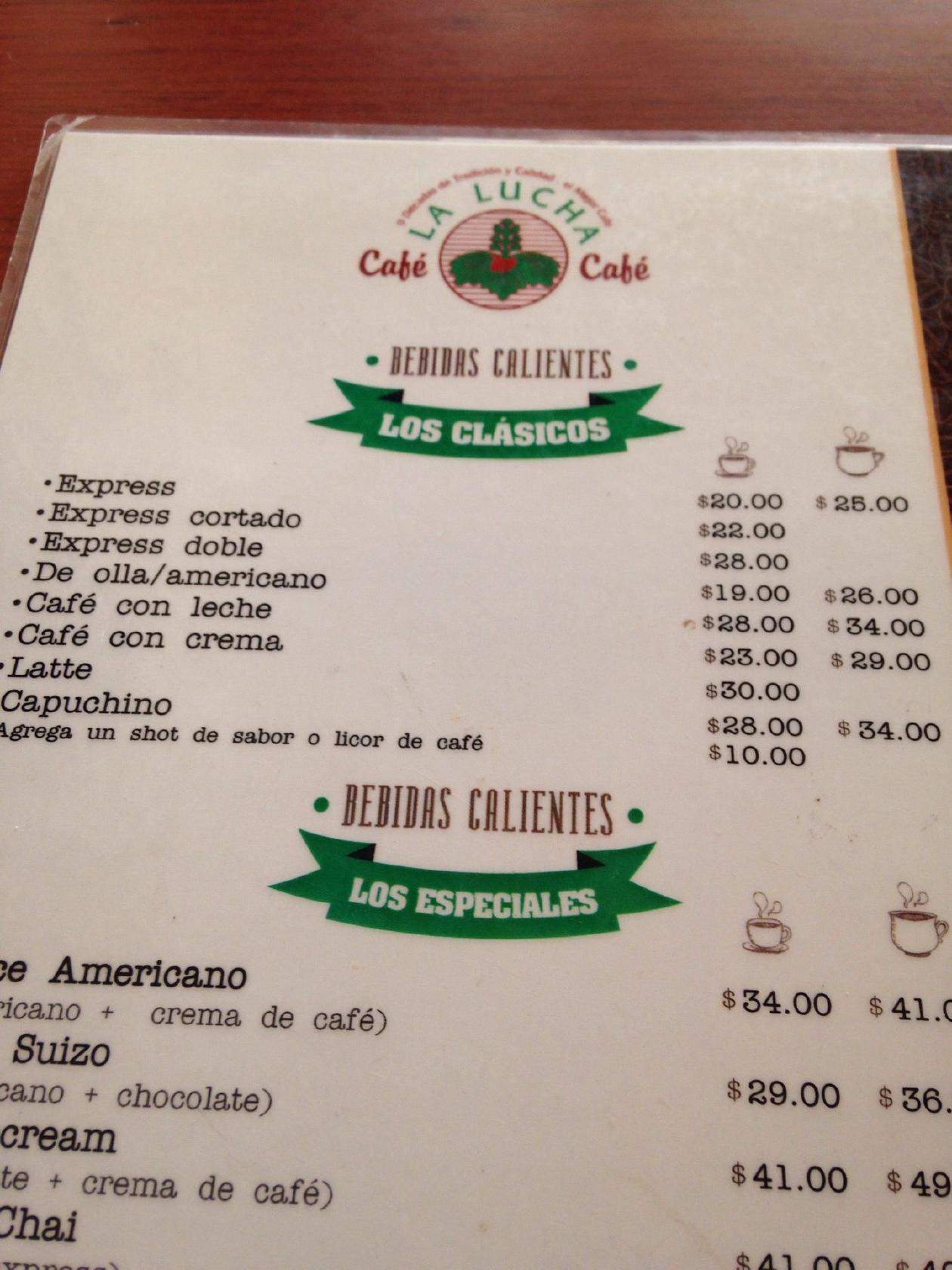 Menu at Café La Lucha, S.A. de C.V., Uruapan, García Ortiz 20