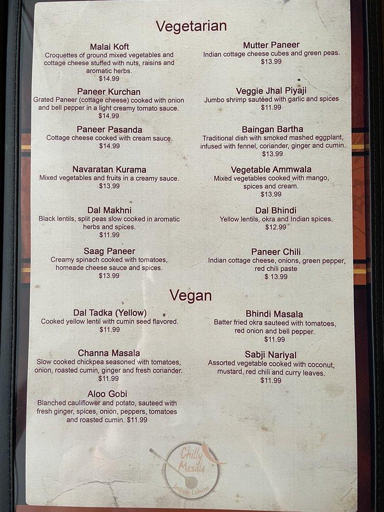Menu at Chilly Masala Indian Cuisine restaurant, Winter Haven