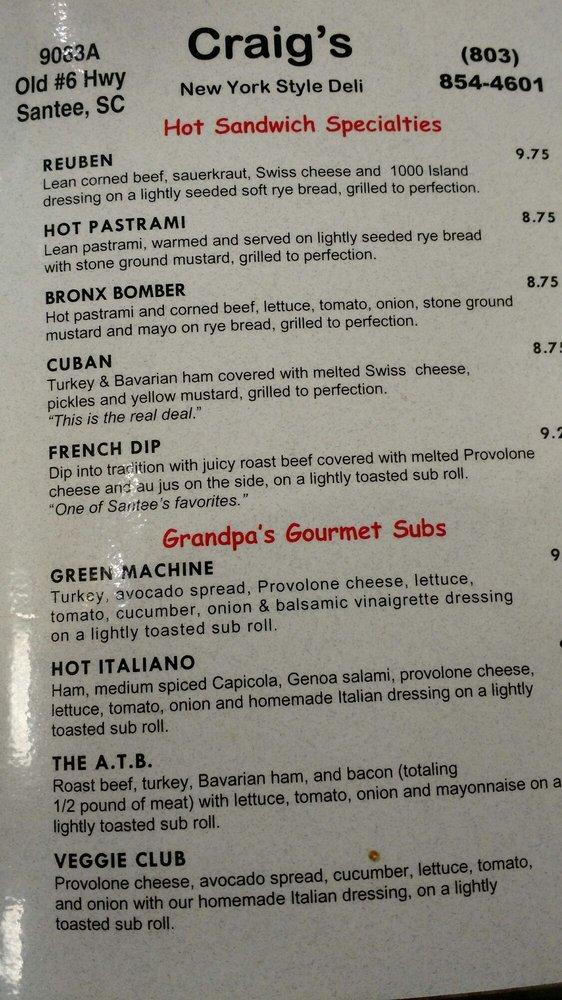 Menu at Craig's Deli cafe, Santee