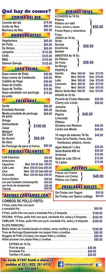 Menu at El Naranjo restaurant, Mexicali