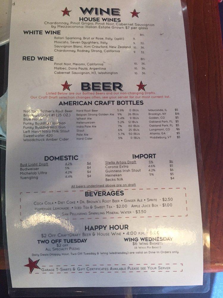 Menu at Garage wood fired pizza pizzeria, Vero Beach