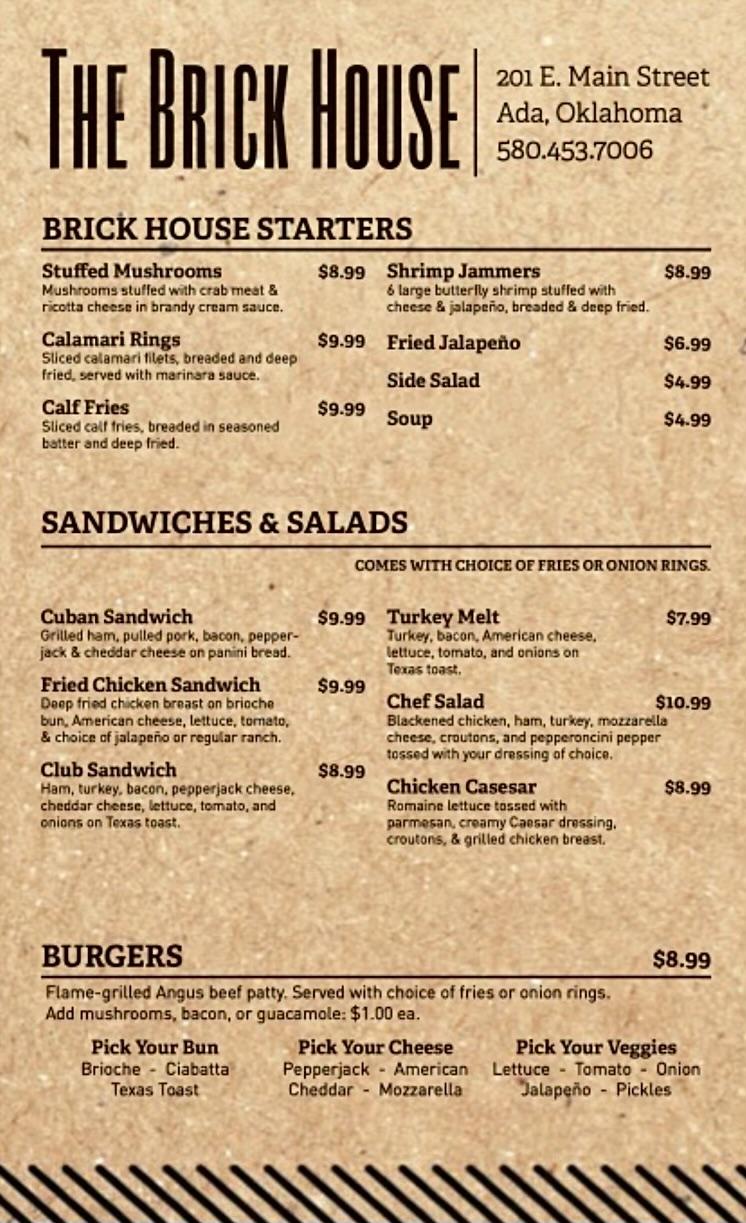 Menu at The Brick House steakhouse, Ada