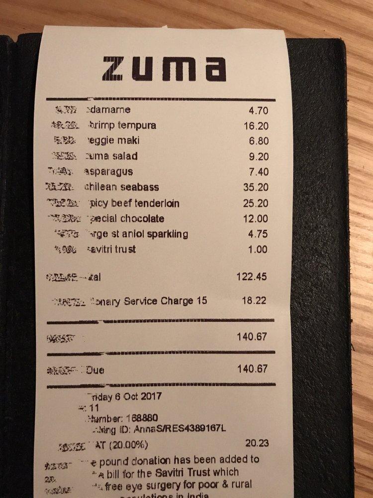 Menu at Zuma London pub & bar, London
