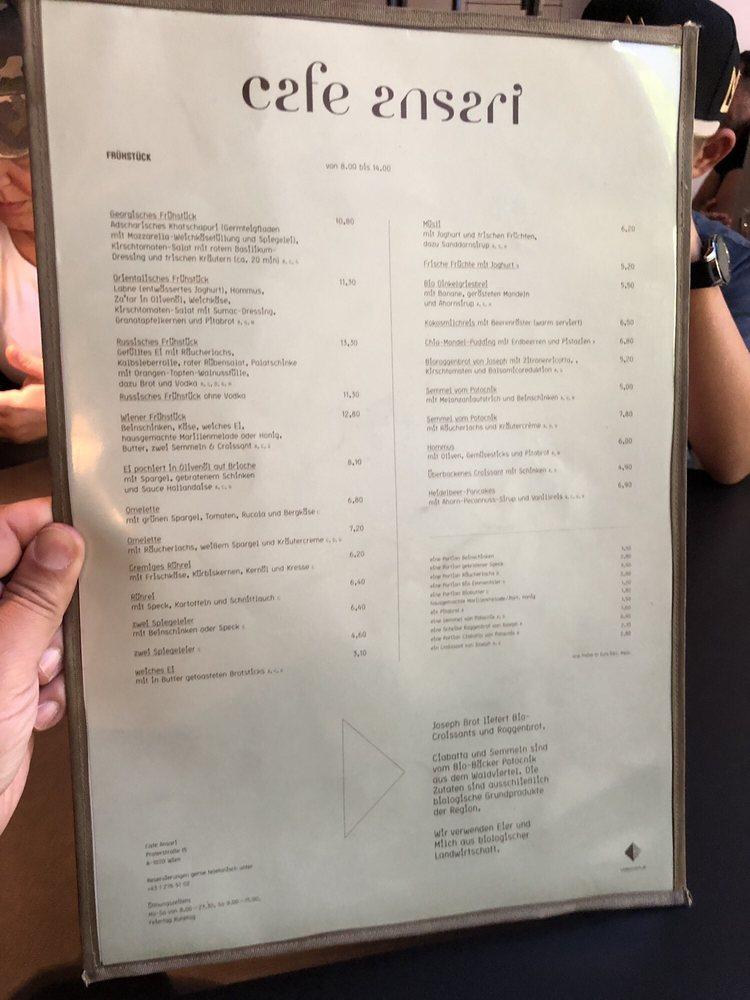 Menu at Café Ansari cafe, Vienna