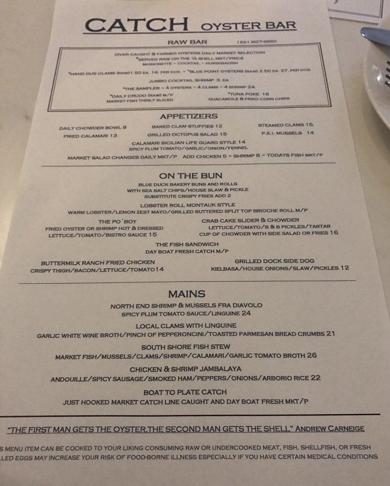Menu at Catch Oyster Bar, Patchogue