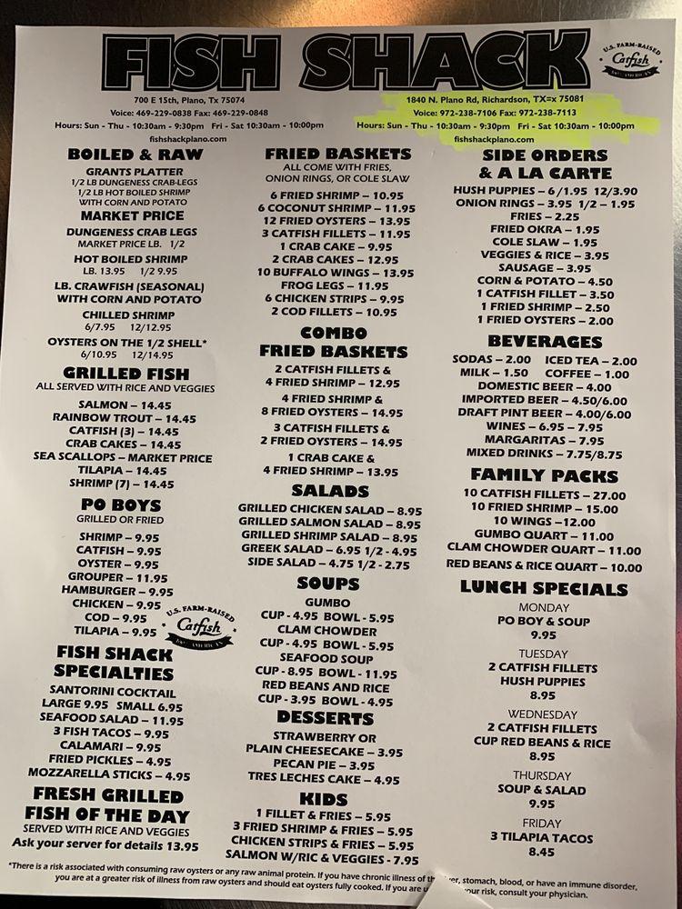 Menu at Fish Shack restaurant, Richardson